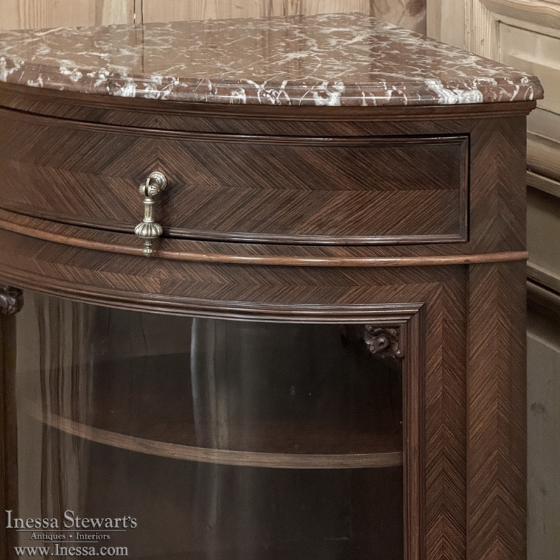 19th Century French Louis XVI Rosewood Marble Top Corner Vitrine ~ Cabinet