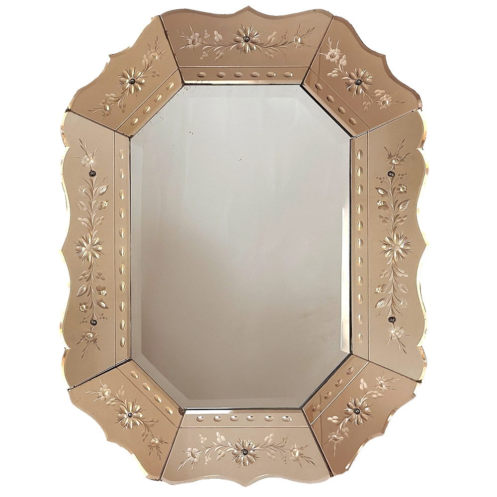 Antique Venetian Wall Mirror with Etched Mirrored Frame