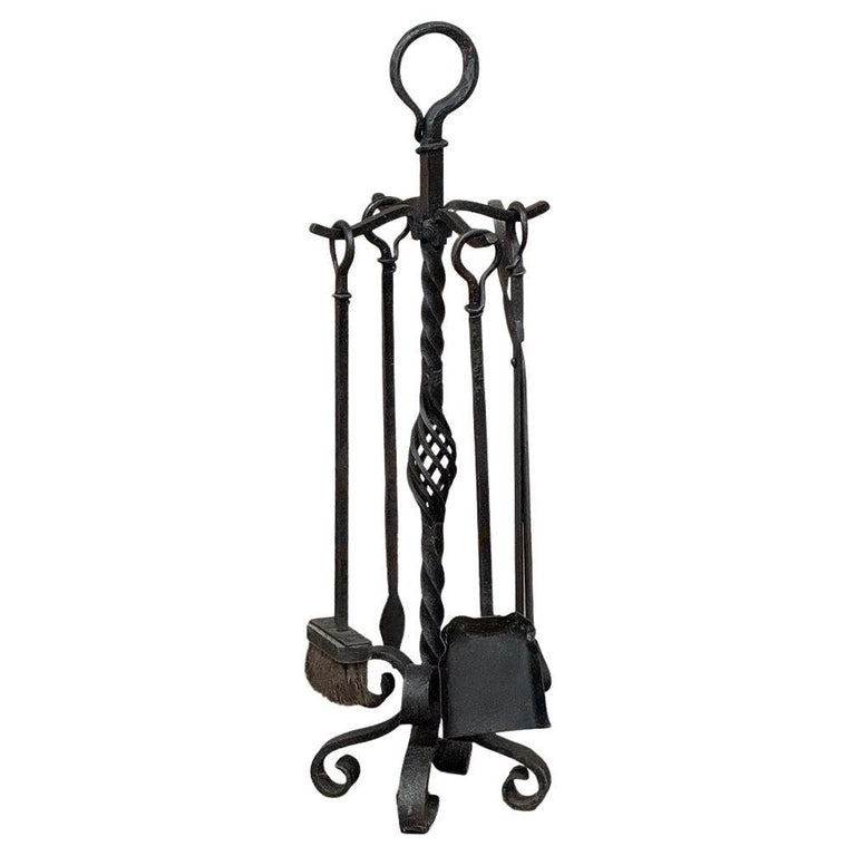 Antique Wrought Iron Fireplace Tool Set with Stand